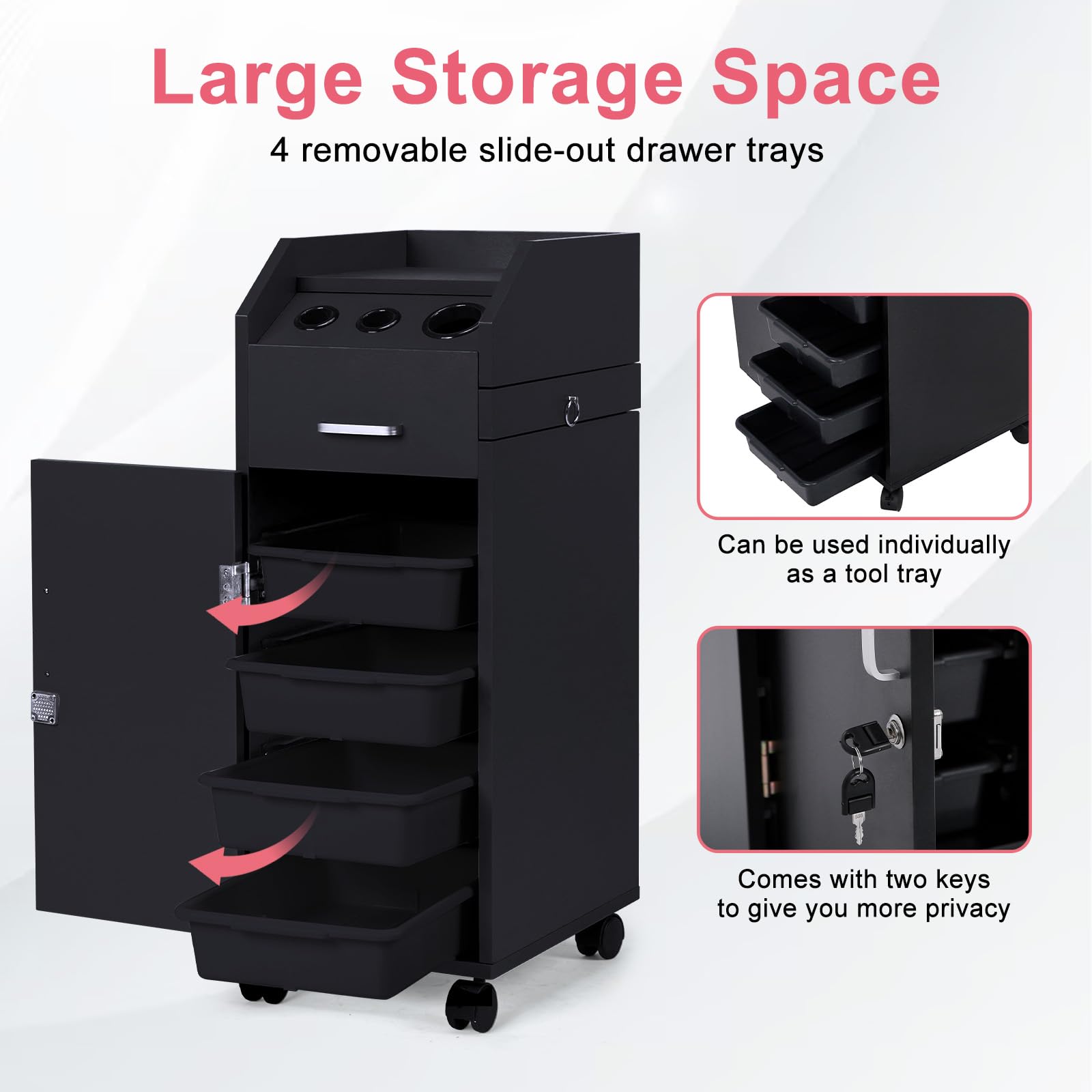 Winado Hair Salon Storage Cart with Wheels & 3 Hair Dryer Holders & 4 Drawers & Lock & 2 Keys, Hairdressing Tools Station Mobile Makeup Case, SPA Utility Trolley (Black)