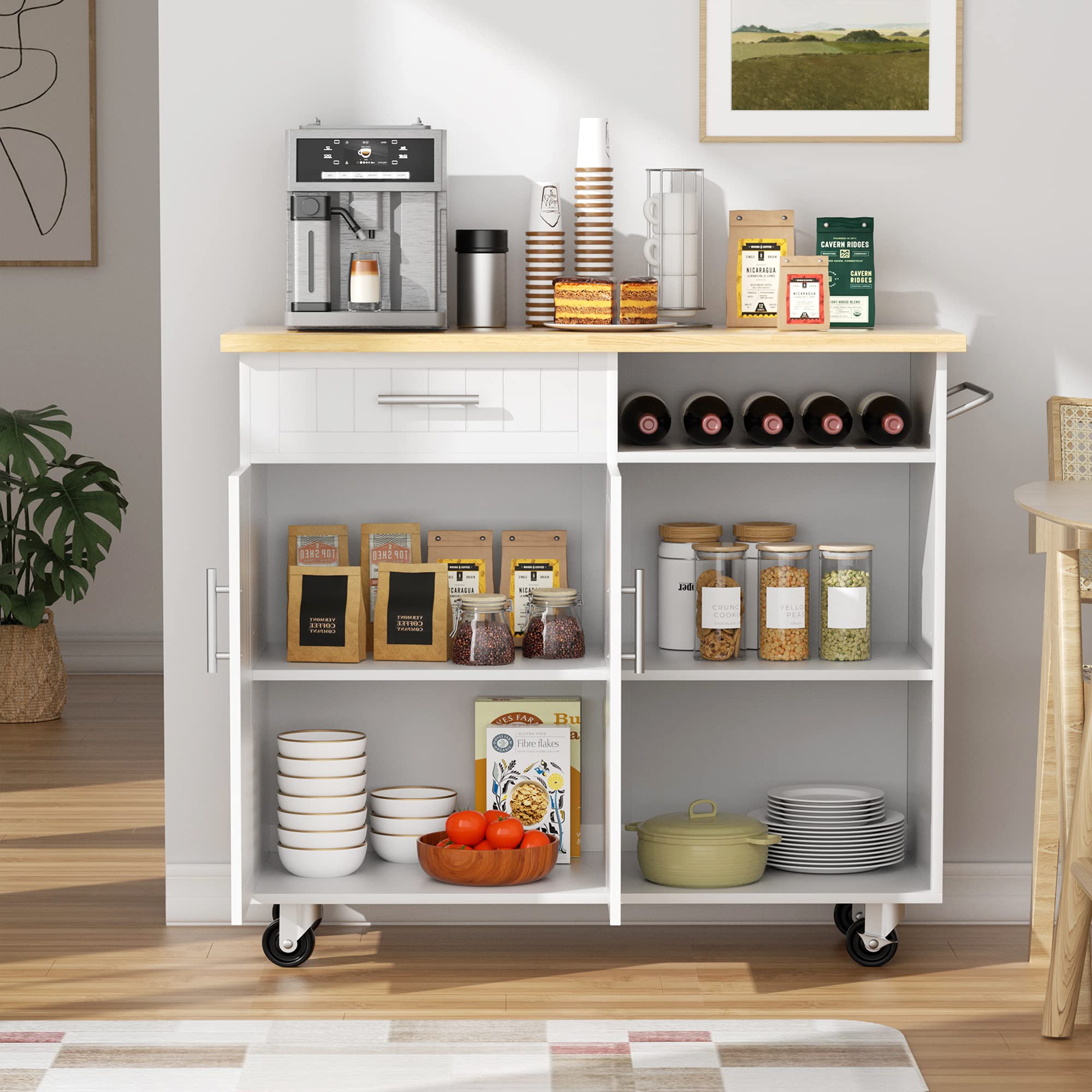 JY QAQA 42" Kitchen Island on Wheels with Storage Cabinet Kitchen Cart Cabinet with Shelves, Cart Handle for Towel Rack or Free Mobility, Portable Islands for Kitchen
