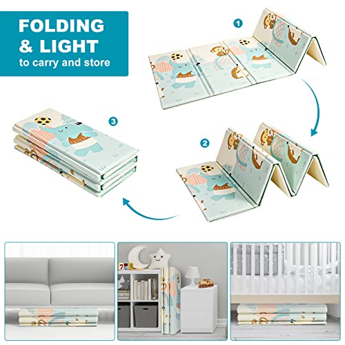 ZHUOKECE Baby Play Mat,Thickened 0.8 inches Foldable Floor Mats for Kids, Extra Large Waterproof Activity Crawling Playmats,Multifunctional Mat with Travel Bag(71" x 79") (Blue Elephant)