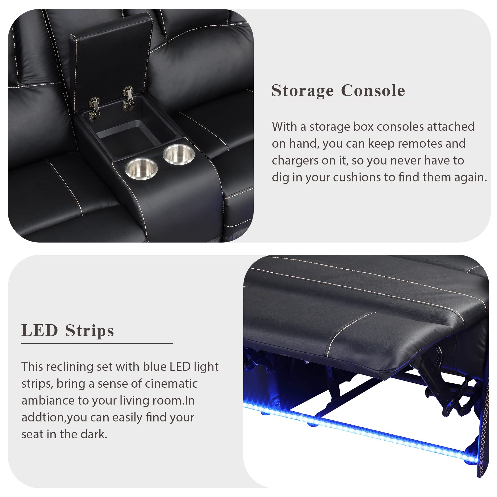 Yoglad Sectional Sofa with Recliner Manual Reclining Sectional Sofa with LED Lights Faux Leather Couch with Center Console/Cup Holders for Living Room, Home Theater, Black 102.4" Dx 97.6" W