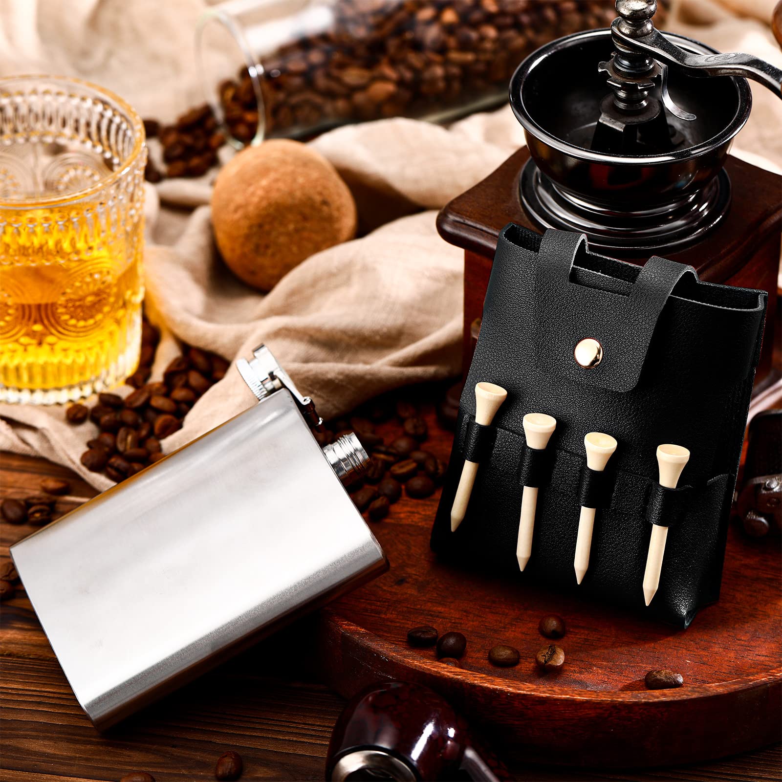 Remerry Golf Flask Gift Set 7 oz Stainless Steel Flask with Leather Case Golf Accessories for Men and Women Includes Drinking Bottle Divot Tool Ball Marker and 4 ball Tees (Black)