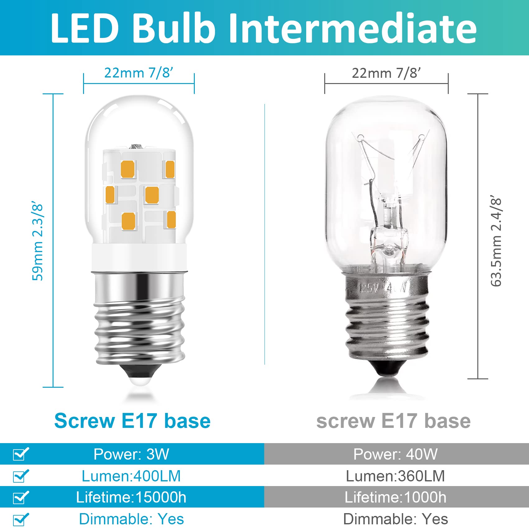E17 LED Under Microwave Over Stove Light Bulb 125V Appliance 8206232A 40W Incandescent Equivalent, E17 Intermediate Base 3W Dimmable Light Bulb for Refrigerators, Range Hood, WarmWhite 3000K,2 Pack