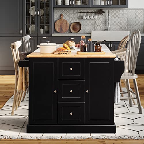Giantex Mobile Kitchen Island, Large Kitchen Cart on Hidden Wheels, Rubber Wood Countertop, 3 Deep Drawers, 2 Enclosed Storage Cabinets with Adjustable Shelves, Side Towel Bar and Spice Rack, Black