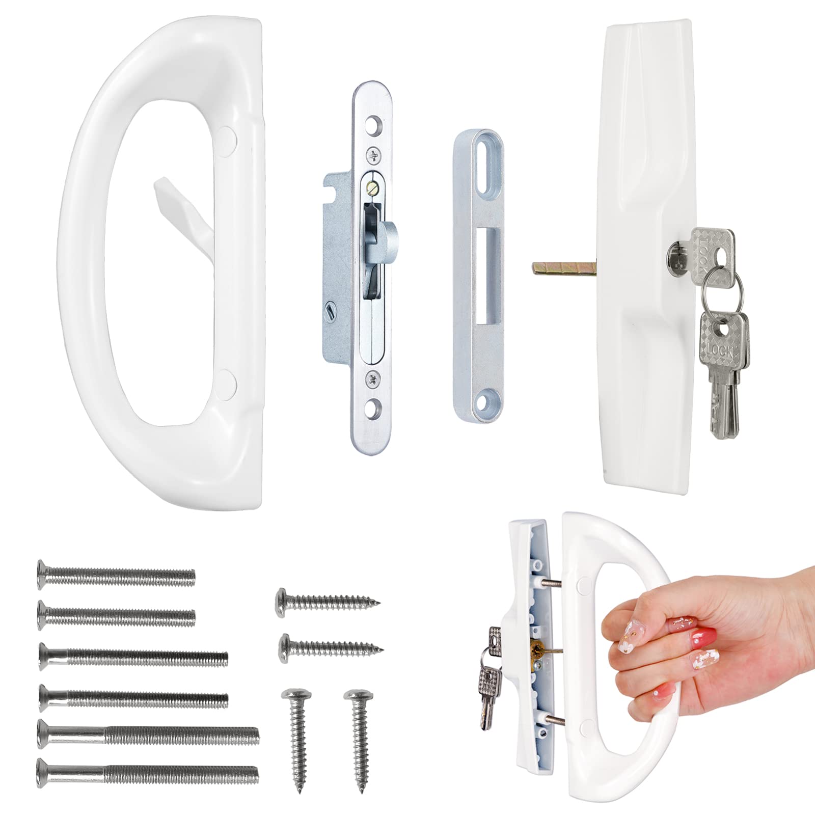 Patio Sliding Door Handle Set with Mortise Lock, Perfect Replacement Sliding Door Handle with Key Lock Fits Patio Doors Thickness 1-1/2" to 1-3/4", 3-15/16" Screw Hole Spacing, Reversible Design