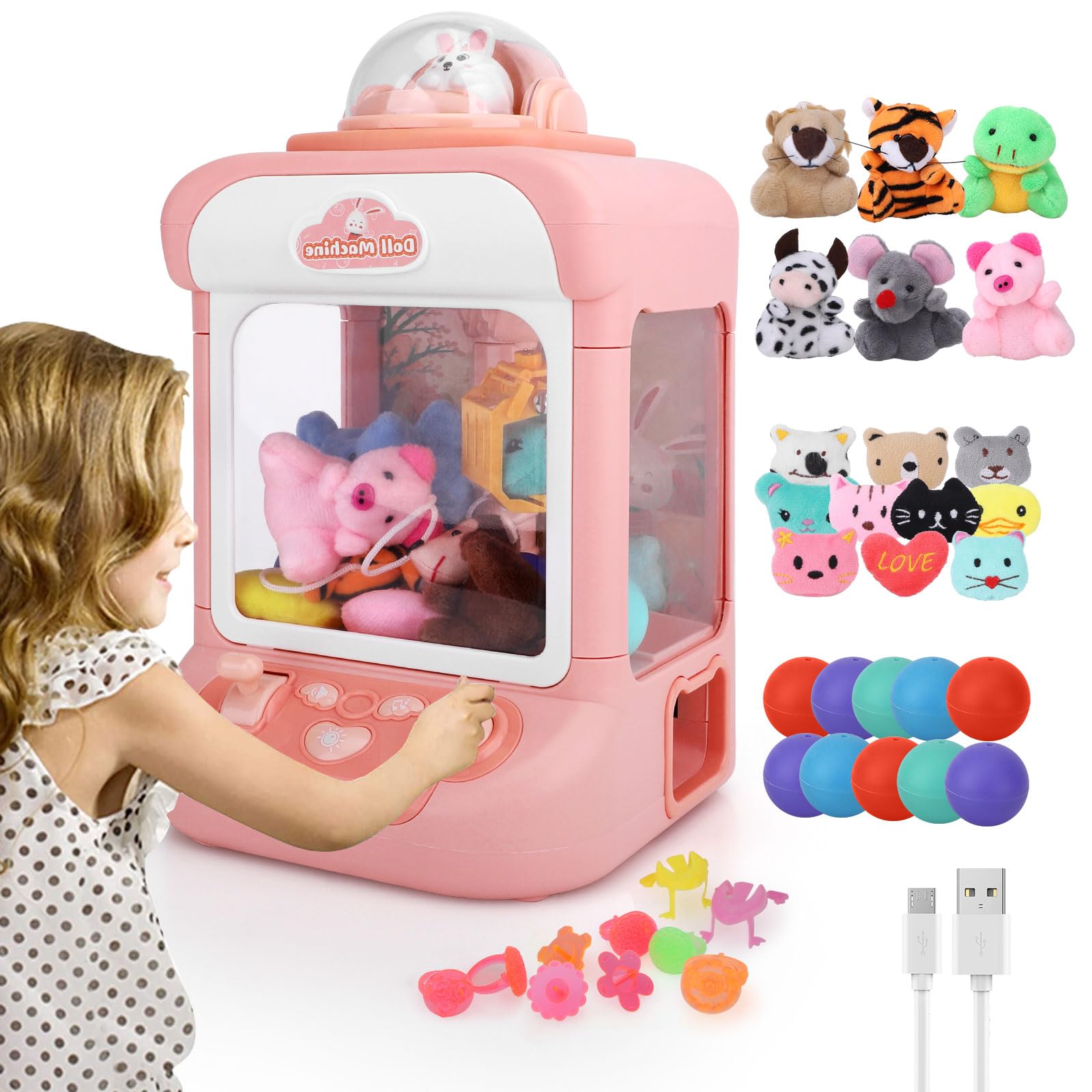 Syahro Mini Claw Machine with Music, Containing Plastic Toys, Gashapons, Dispenser & Plush Toys, Funny Game and Gift for Party, Mini Candy Vending Machine for Girls and Boys Ages 3-6, 4-8