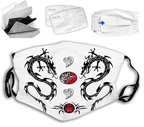 VeJerKK Japanese Dragon Reusable Face Masks with adjustment Earloop,Tattoo Style Indigenous Creatures,Protection 5-ply Breathable Face Masks for women men,White Black