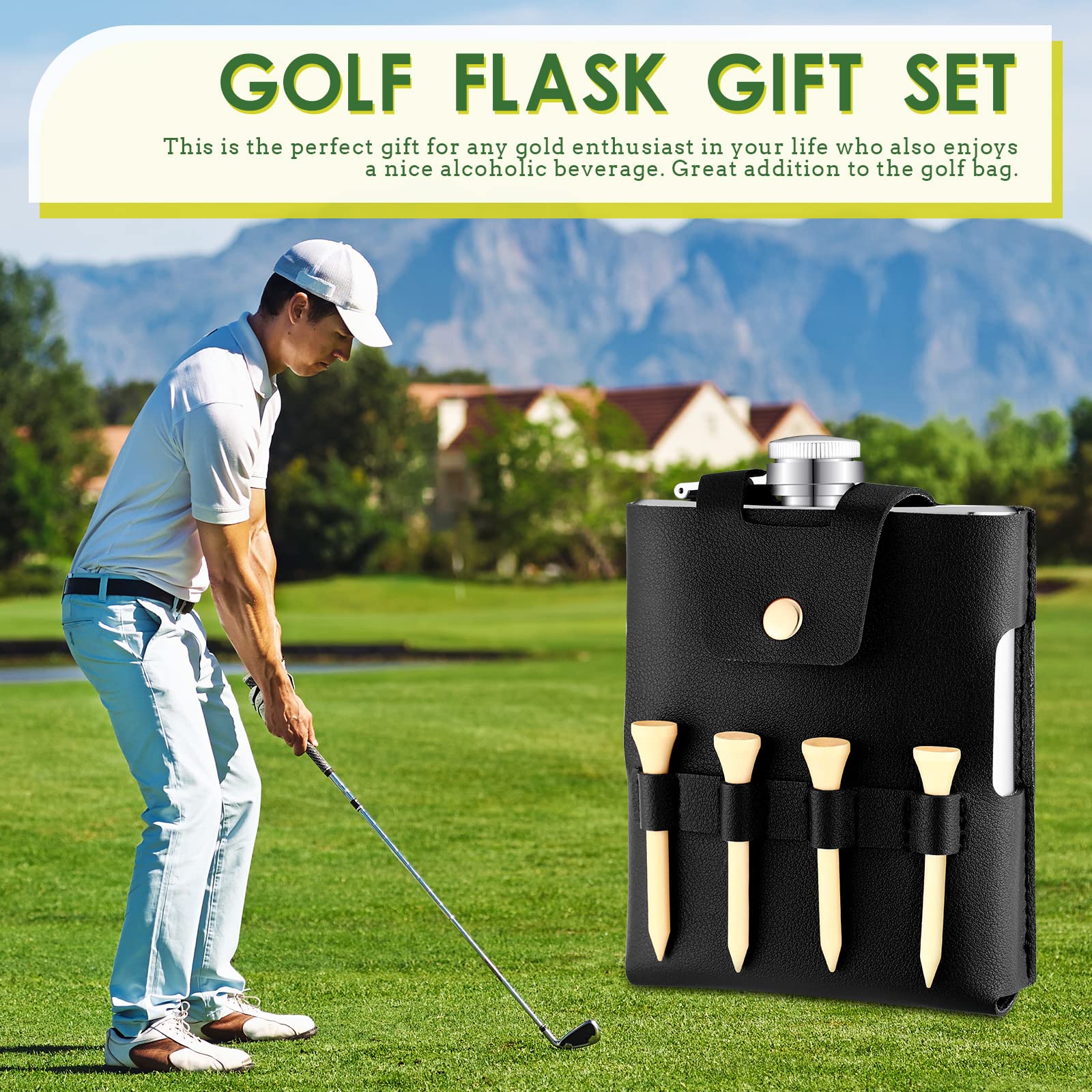 Remerry Golf Flask Gift Set 7 oz Stainless Steel Flask with Leather Case Golf Accessories for Men and Women Includes Drinking Bottle Divot Tool Ball Marker and 4 ball Tees (Black)