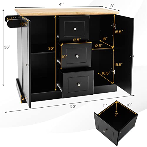 Giantex Mobile Kitchen Island, Large Kitchen Cart on Hidden Wheels, Rubber Wood Countertop, 3 Deep Drawers, 2 Enclosed Storage Cabinets with Adjustable Shelves, Side Towel Bar and Spice Rack, Black