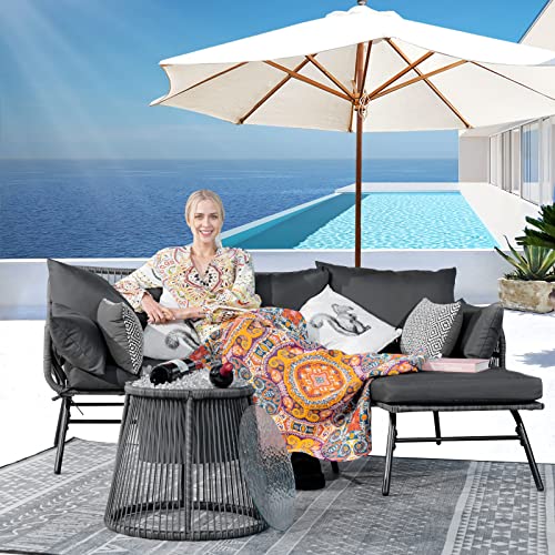 OUTPLATIO 3 Piece PE Wicker Boho Patio Furniture Sectional Chair Sets with Ice Bucket Outdoor Wicker Conversation Sets for Backyard, Porch, Garden (Grey)