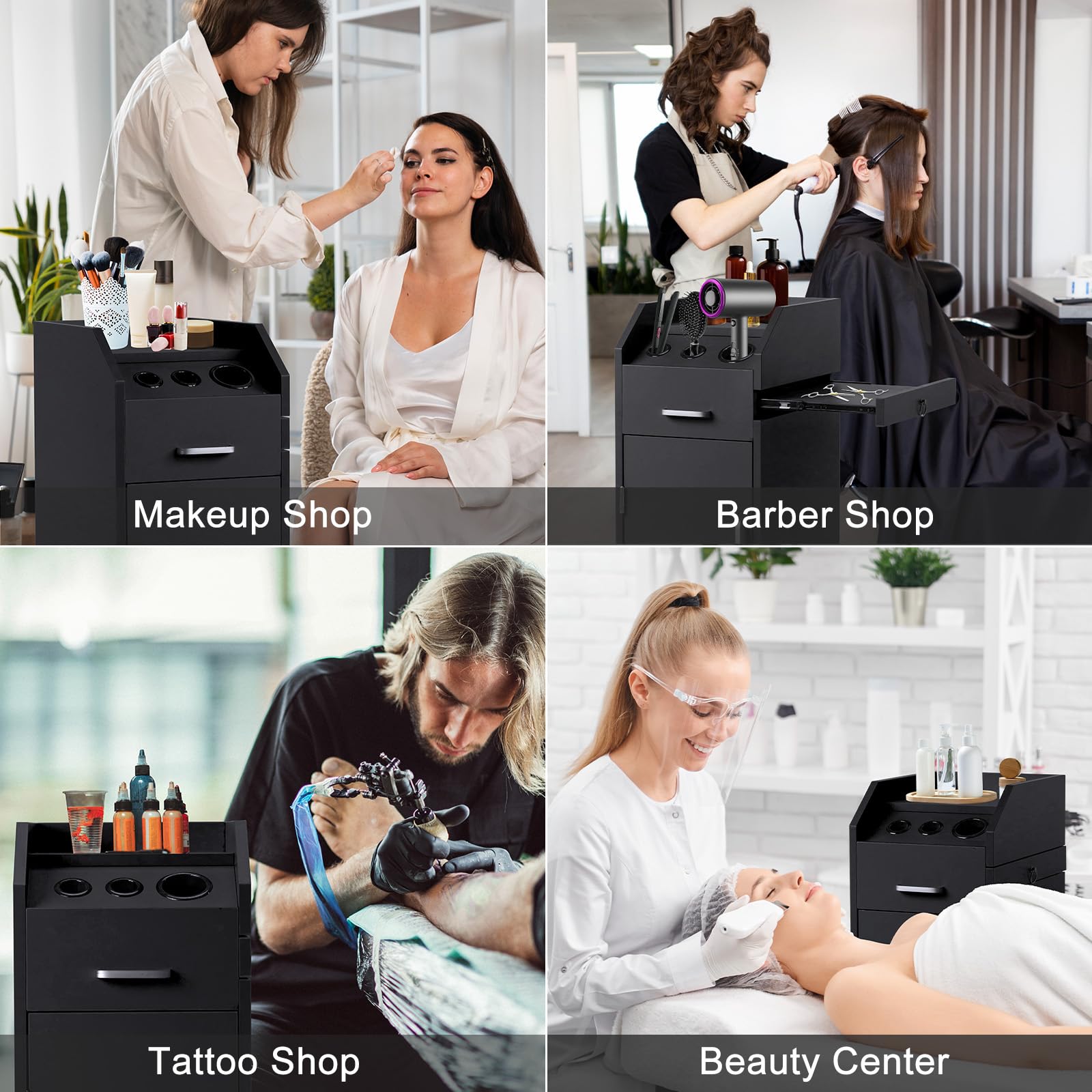 Winado Hair Salon Storage Cart with Wheels & 3 Hair Dryer Holders & 4 Drawers & Lock & 2 Keys, Hairdressing Tools Station Mobile Makeup Case, SPA Utility Trolley (Black)