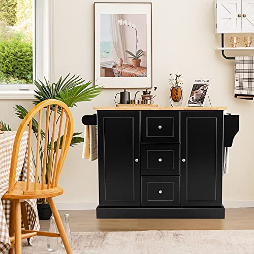 Giantex Mobile Kitchen Island, Large Kitchen Cart on Hidden Wheels, Rubber Wood Countertop, 3 Deep Drawers, 2 Enclosed Storage Cabinets with Adjustable Shelves, Side Towel Bar and Spice Rack, Black