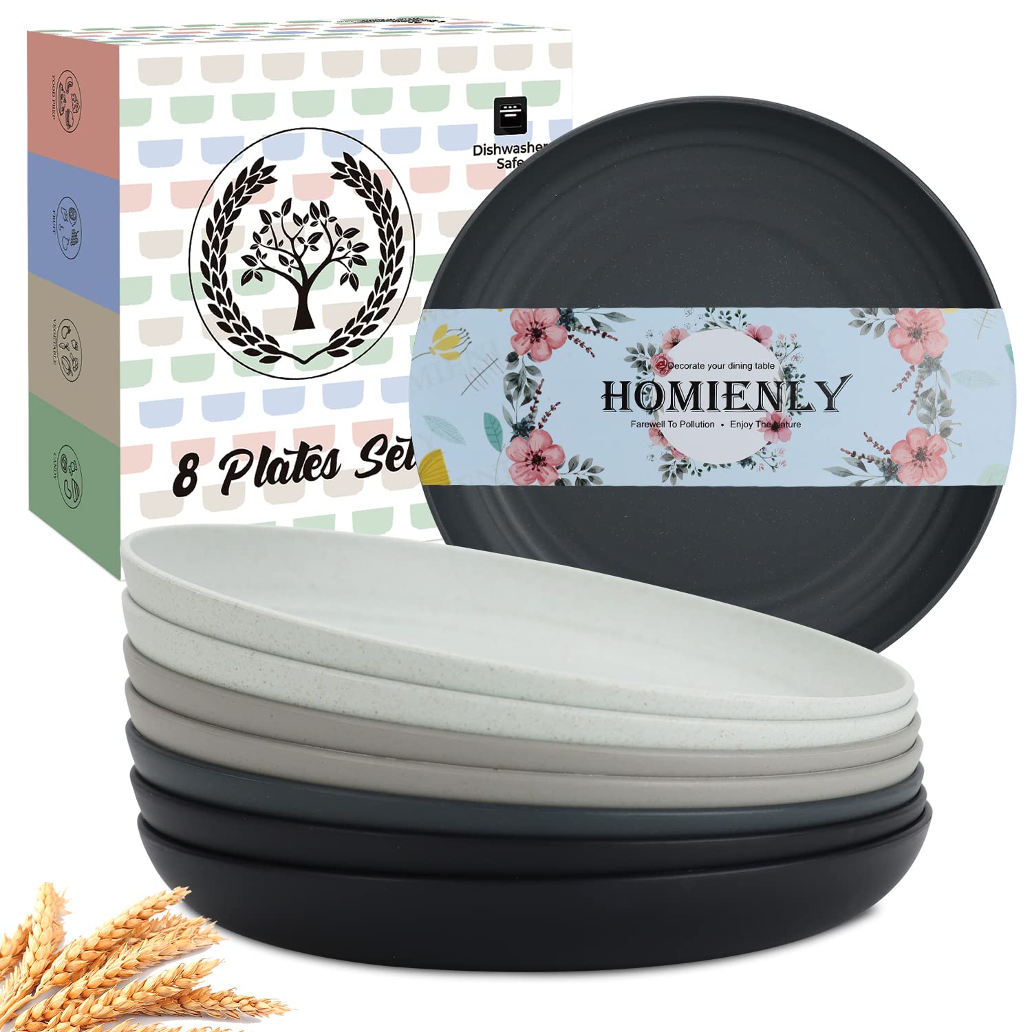 Homienly Deep Dinner Plates Set of 8 Alternative for Plastic Plates Microwave and Dishwasher Safe Wheat Straw Plates for Kitchen Unbreakable Kids Plates with 4 Colors (Stone Grey, 10 inch)