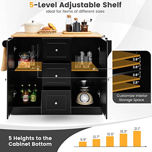 Giantex Mobile Kitchen Island, Large Kitchen Cart on Hidden Wheels, Rubber Wood Countertop, 3 Deep Drawers, 2 Enclosed Storage Cabinets with Adjustable Shelves, Side Towel Bar and Spice Rack, Black