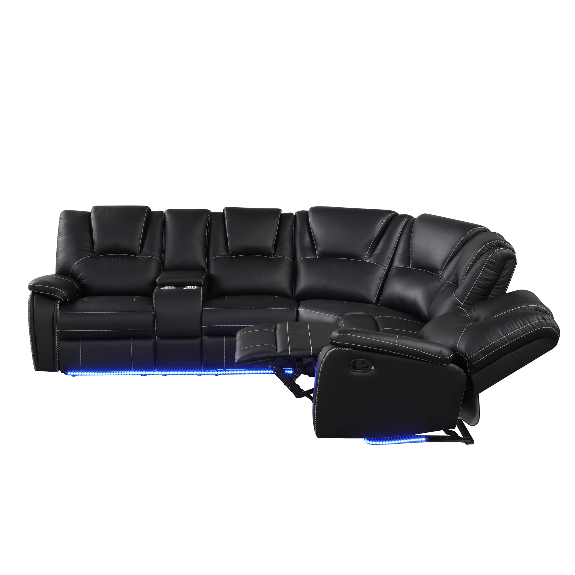 Yoglad Sectional Sofa with Recliner Manual Reclining Sectional Sofa with LED Lights Faux Leather Couch with Center Console/Cup Holders for Living Room, Home Theater, Black 102.4" Dx 97.6" W