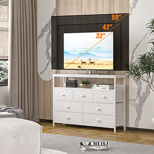 Furologee White TV Console Table, TV Stand with 7 Storage Drawer, Sofa Table with 2-Tier Shelves, Entertainment Center for 45" TV, Storage Fabric Drawer Unit for Bedroom, Living Room, Entryway