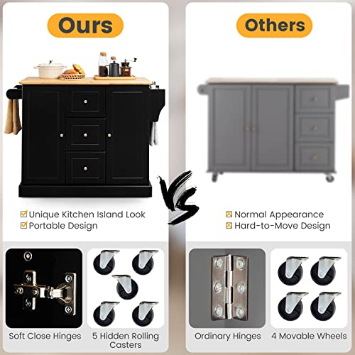 Giantex Mobile Kitchen Island, Large Kitchen Cart on Hidden Wheels, Rubber Wood Countertop, 3 Deep Drawers, 2 Enclosed Storage Cabinets with Adjustable Shelves, Side Towel Bar and Spice Rack, Black