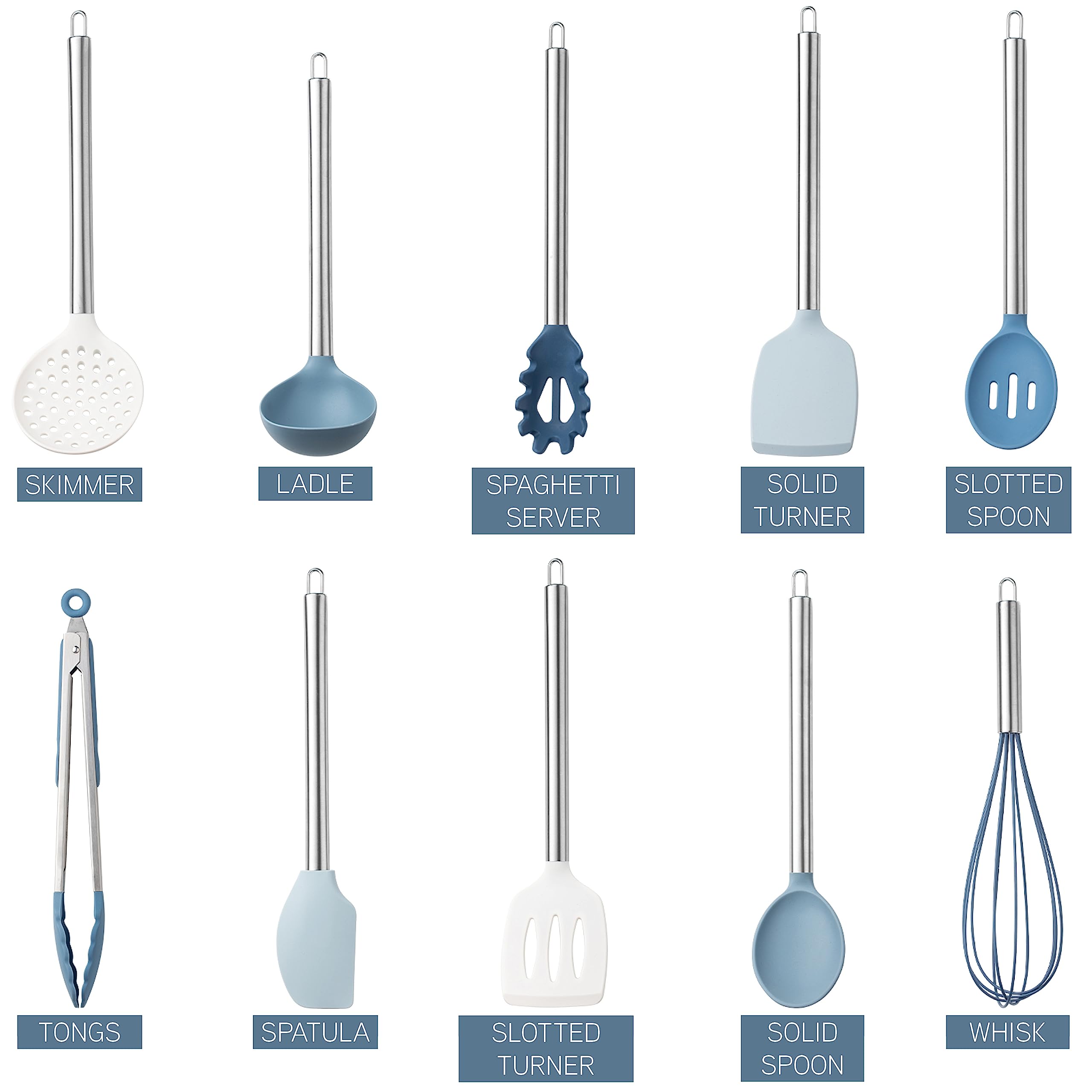 COOK WITH COLOR Silicone Cooking Utensils, Kitchen Utensil Set, Easy to Clean Silicone Kitchen Utensils, Cooking Utensils for Nonstick Cookware, Kitchen Gadgets Set, 10 Pieces, Blue and White