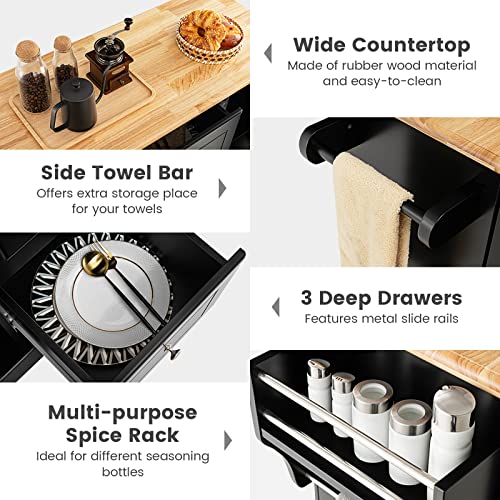 Giantex Mobile Kitchen Island, Large Kitchen Cart on Hidden Wheels, Rubber Wood Countertop, 3 Deep Drawers, 2 Enclosed Storage Cabinets with Adjustable Shelves, Side Towel Bar and Spice Rack, Black