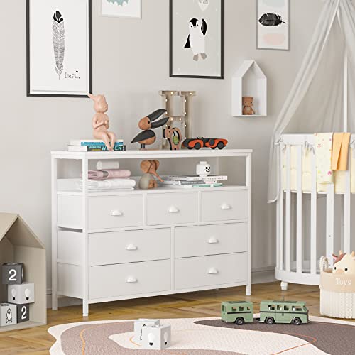 Furologee White TV Console Table, TV Stand with 7 Storage Drawer, Sofa Table with 2-Tier Shelves, Entertainment Center for 45" TV, Storage Fabric Drawer Unit for Bedroom, Living Room, Entryway