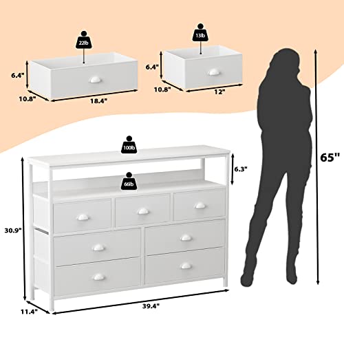 Furologee White TV Console Table, TV Stand with 7 Storage Drawer, Sofa Table with 2-Tier Shelves, Entertainment Center for 45" TV, Storage Fabric Drawer Unit for Bedroom, Living Room, Entryway