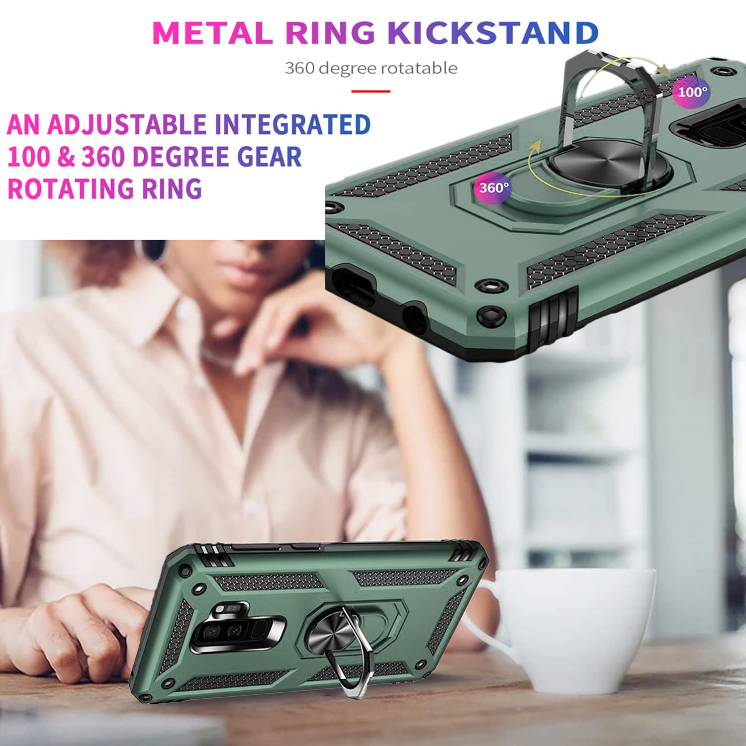 STARSHOP Galaxy S9 Plus Case, Samsung Galaxy S9 Plus Case, [NOT FIT S9 ] with [Tempered Glass Protector Included] Rotatable Metal Ring Kickstand Shockproof Drop Protection Phone Cover - Green