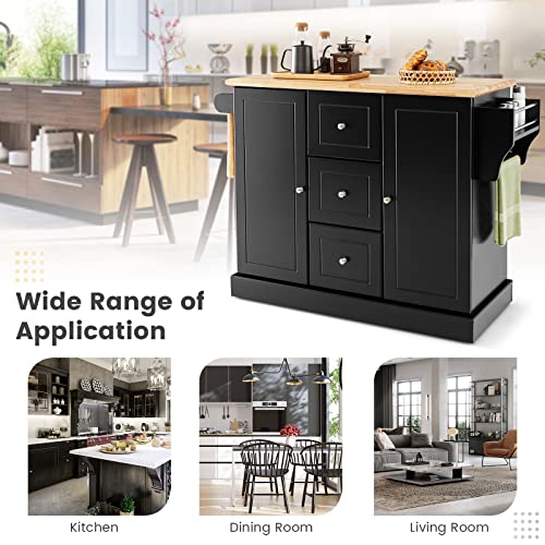 Giantex Mobile Kitchen Island, Large Kitchen Cart on Hidden Wheels, Rubber Wood Countertop, 3 Deep Drawers, 2 Enclosed Storage Cabinets with Adjustable Shelves, Side Towel Bar and Spice Rack, Black