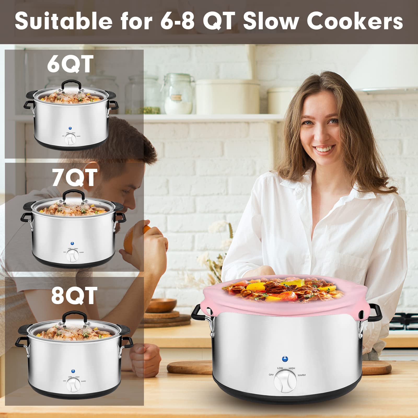 3 Pack Silicone Slow Cooker Liners - Reusable & Leakproof Fit 6-8 Quarts Crockpot,Dishwasher Safe Cooking Liners for Oval or Round Pot