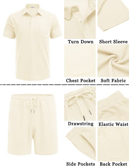 COOFANDY Men's Waffle Knit Polo Shirt and Shorts Set 2 Pieces Outfits Summer Suit Casual Tracksuit with Pockets