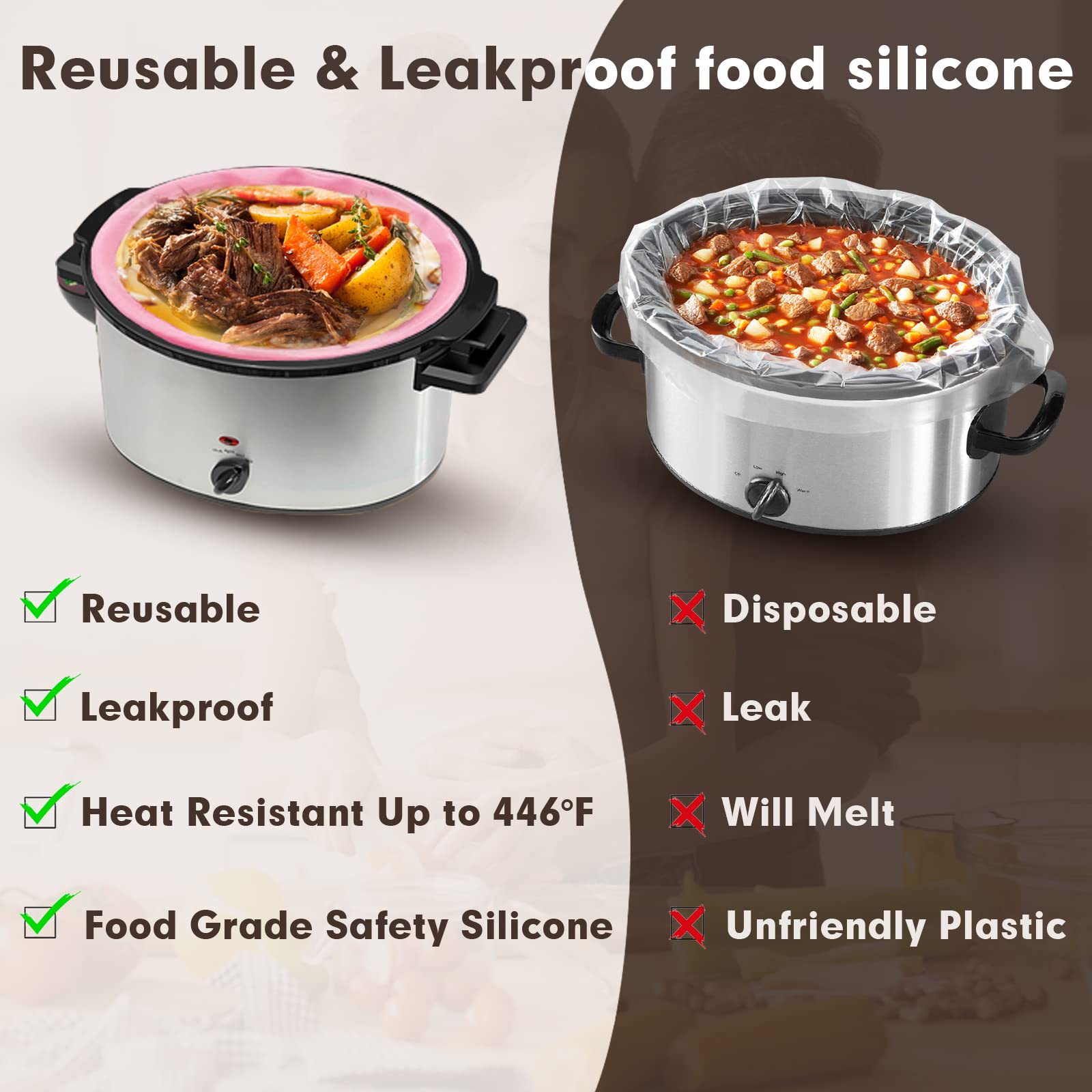3 Pack Silicone Slow Cooker Liners - Reusable & Leakproof Fit 6-8 Quarts Crockpot,Dishwasher Safe Cooking Liners for Oval or Round Pot