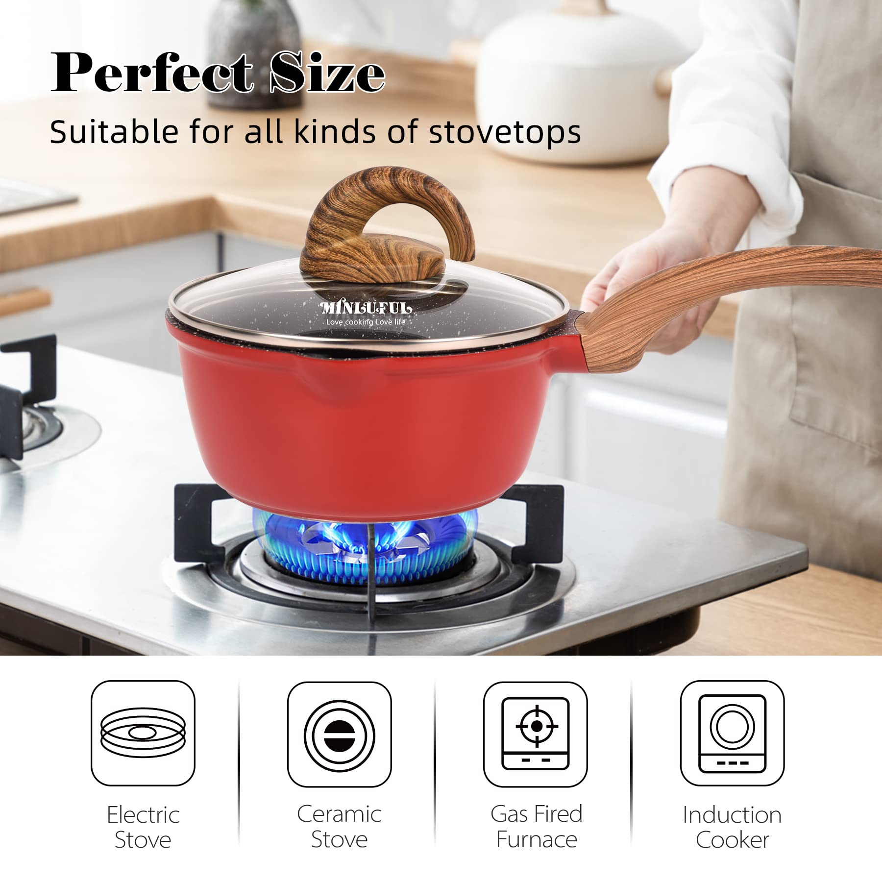 MINLUFUL Nonstick Saucepan with Lid, 1.8 Quart Classic Red Granite Coated Pasta Soup Pot for All Stovetops, 7 Inch Small Sauce Pan for Cooking Sauce Soup and Milk