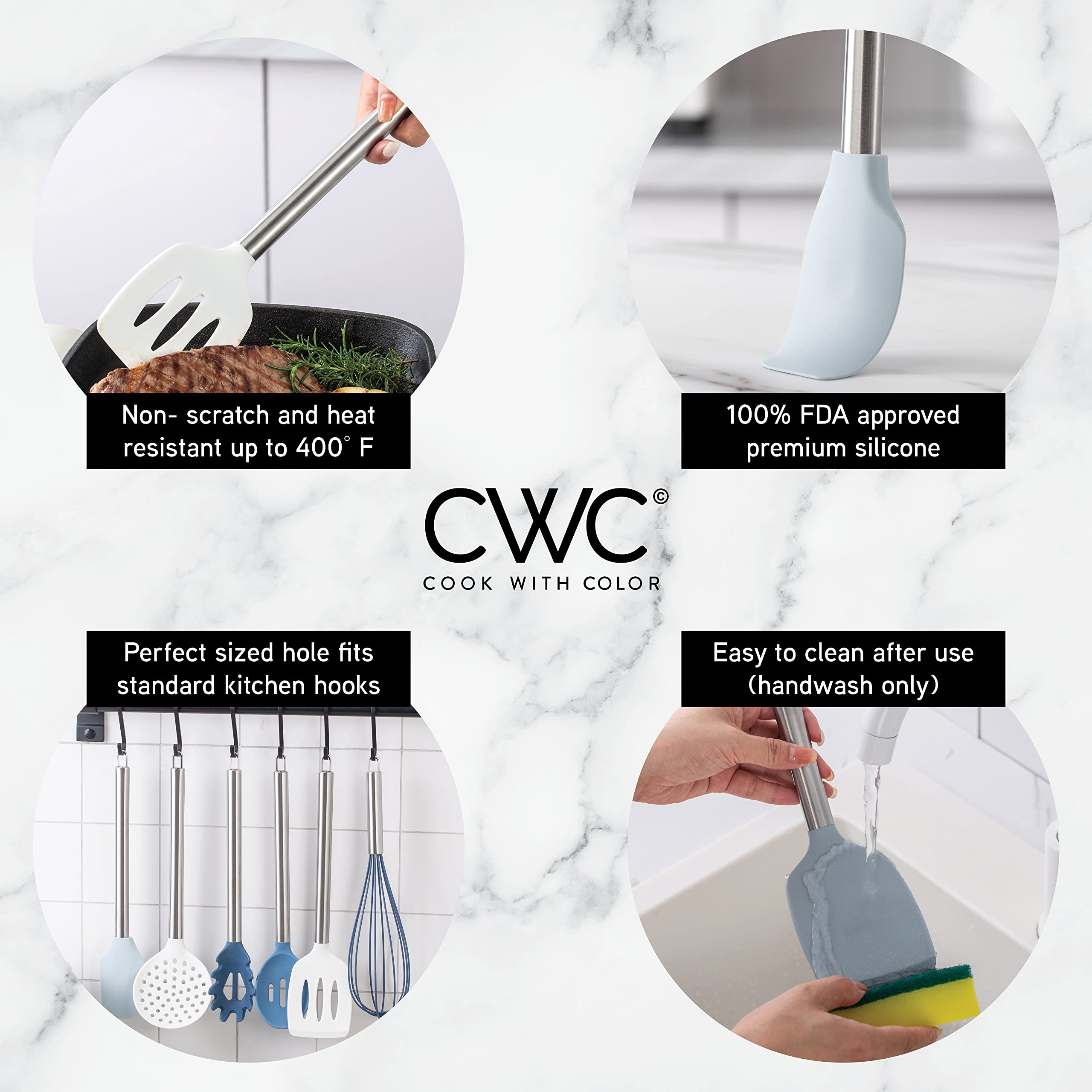 COOK WITH COLOR Silicone Cooking Utensils, Kitchen Utensil Set, Easy to Clean Silicone Kitchen Utensils, Cooking Utensils for Nonstick Cookware, Kitchen Gadgets Set, 10 Pieces, Blue and White