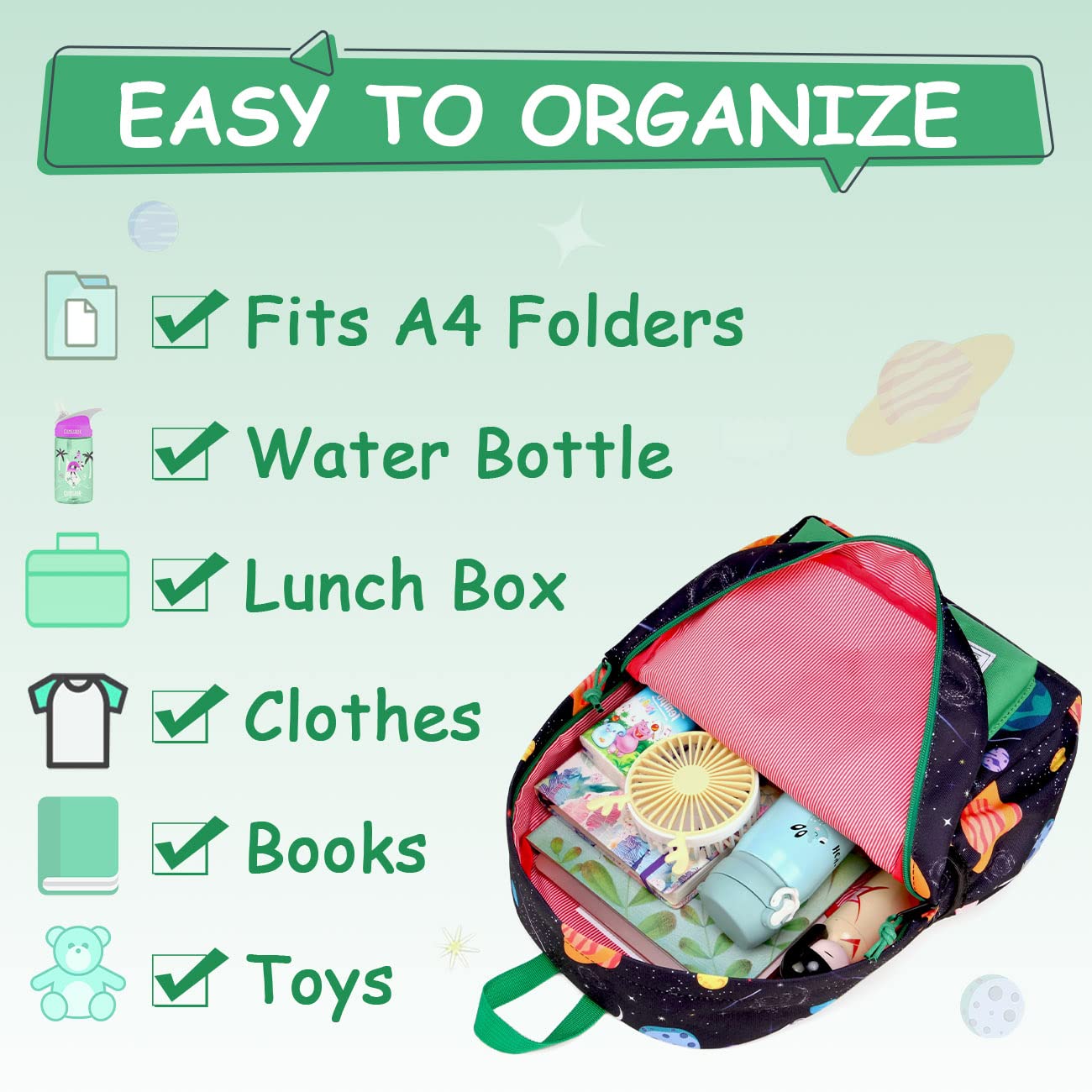 VASCHY Backpack for Boys, Kids Water Resistant Lightweight Backpack for Toddlers Daycare Preschool Space Green
