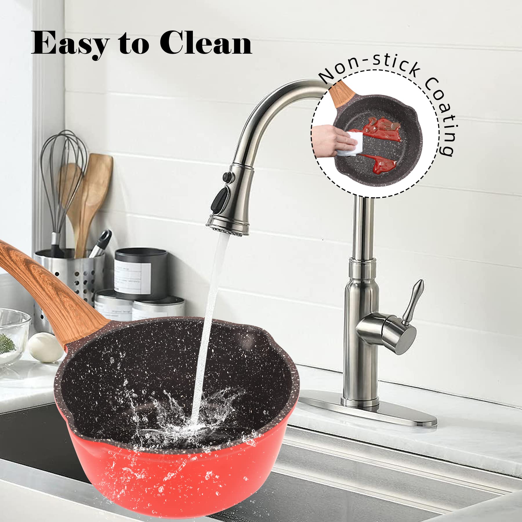 MINLUFUL Nonstick Saucepan with Lid, 1.8 Quart Classic Red Granite Coated Pasta Soup Pot for All Stovetops, 7 Inch Small Sauce Pan for Cooking Sauce Soup and Milk