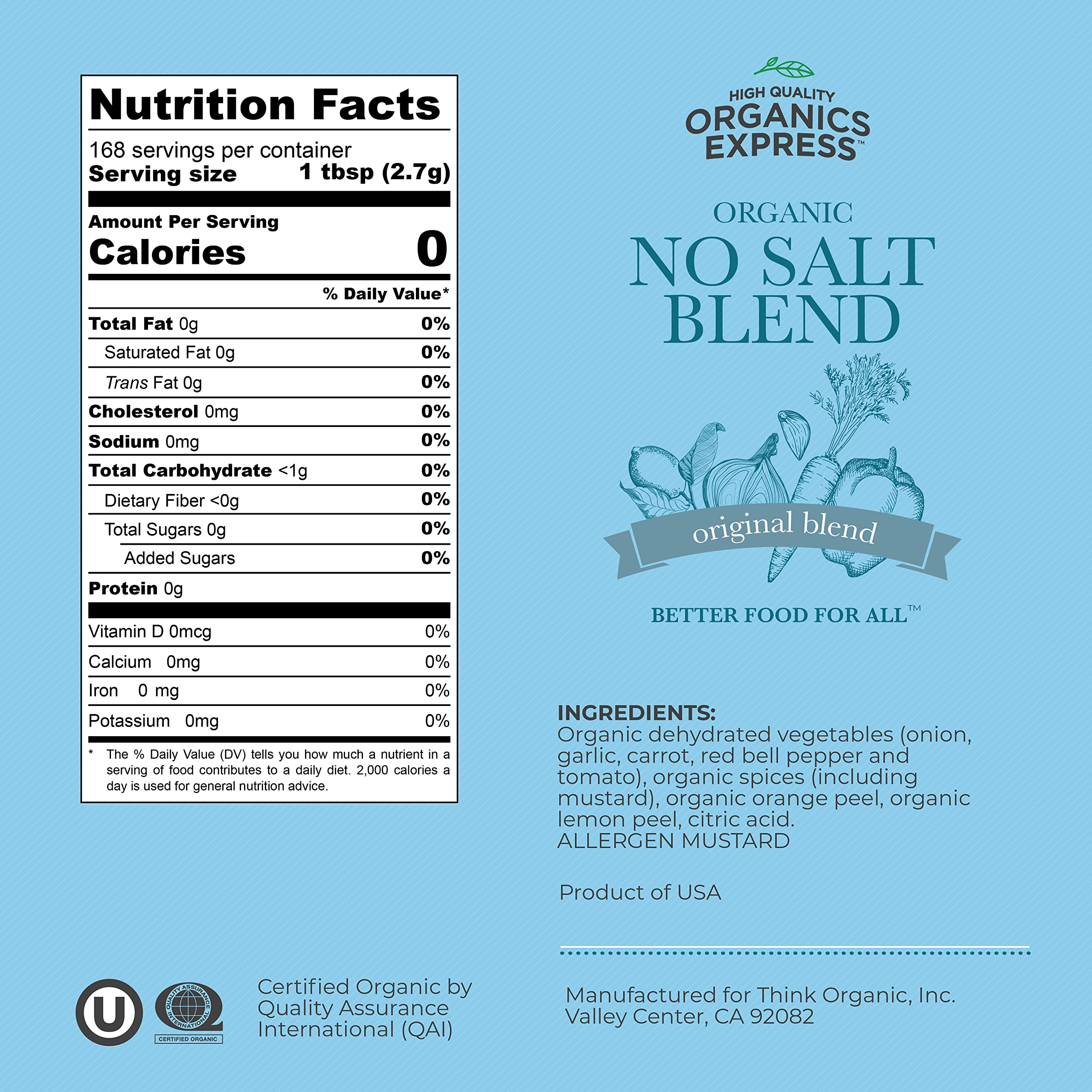 No Salt All Purpose Organic Seasoning, 100% Sodium Free, No MSG, For Vegetables, Chicken, Fish, Salads, Eggs, Rice, Pasta - Non GMO, Kosher, Great Value 1 Lb