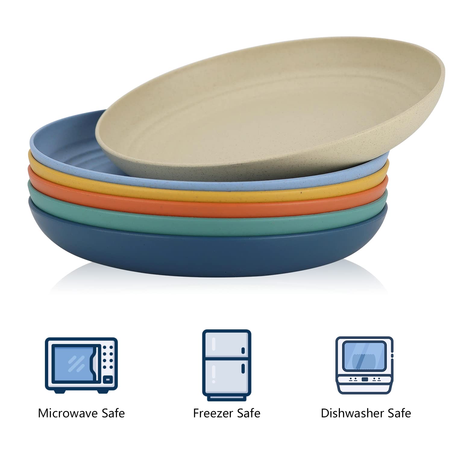 Homienly 6 PCS Deep Dinner Plates Alternative for Plastic Plates Microwave and Dishwasher Safe Wheat Straw Plates for Kitchen Unbreakable Kids Plates with 6 Colors (8 INCH)