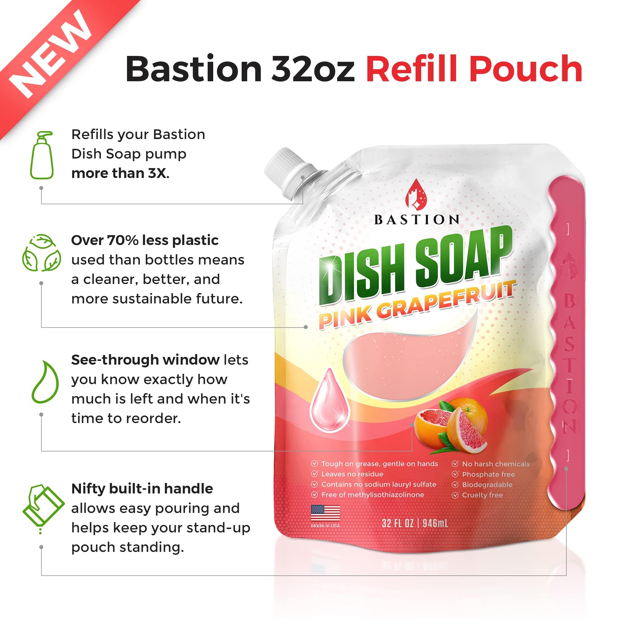 Bastion Dish Soap - Liquid Dishwashing Degreaser & Detergent - Pink Grapefruit Fragrance - 32oz Refill Pouch- All Natural - Cruelty-Free