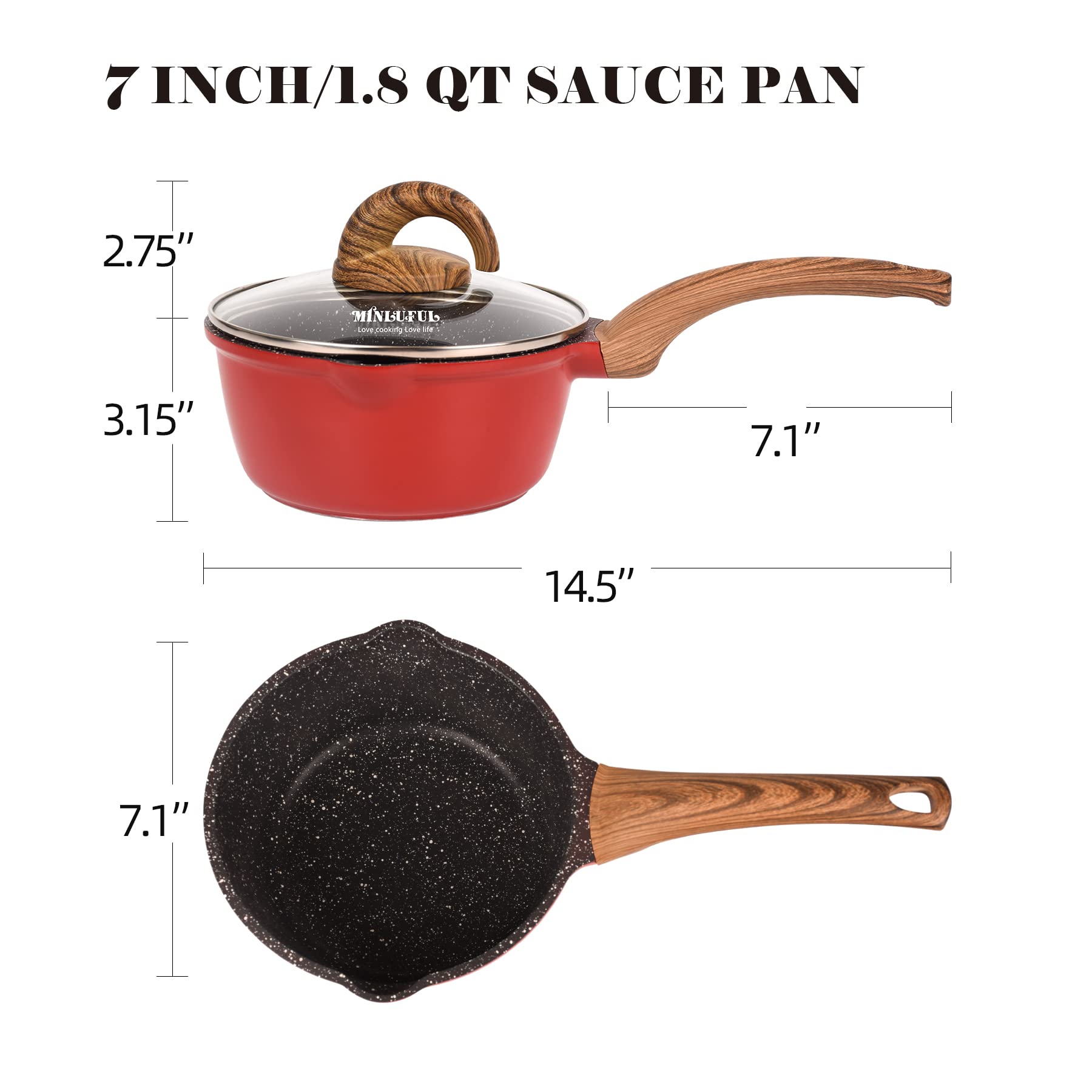 MINLUFUL Nonstick Saucepan with Lid, 1.8 Quart Classic Red Granite Coated Pasta Soup Pot for All Stovetops, 7 Inch Small Sauce Pan for Cooking Sauce Soup and Milk