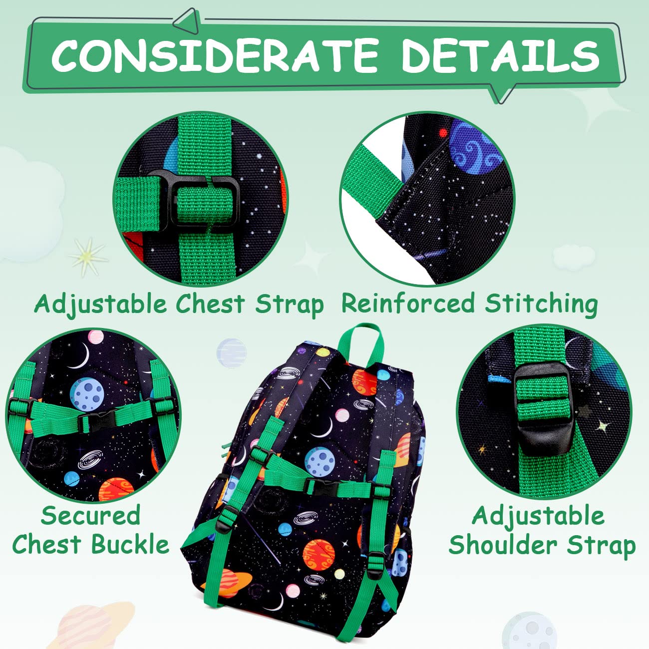 VASCHY Backpack for Boys, Kids Water Resistant Lightweight Backpack for Toddlers Daycare Preschool Space Green