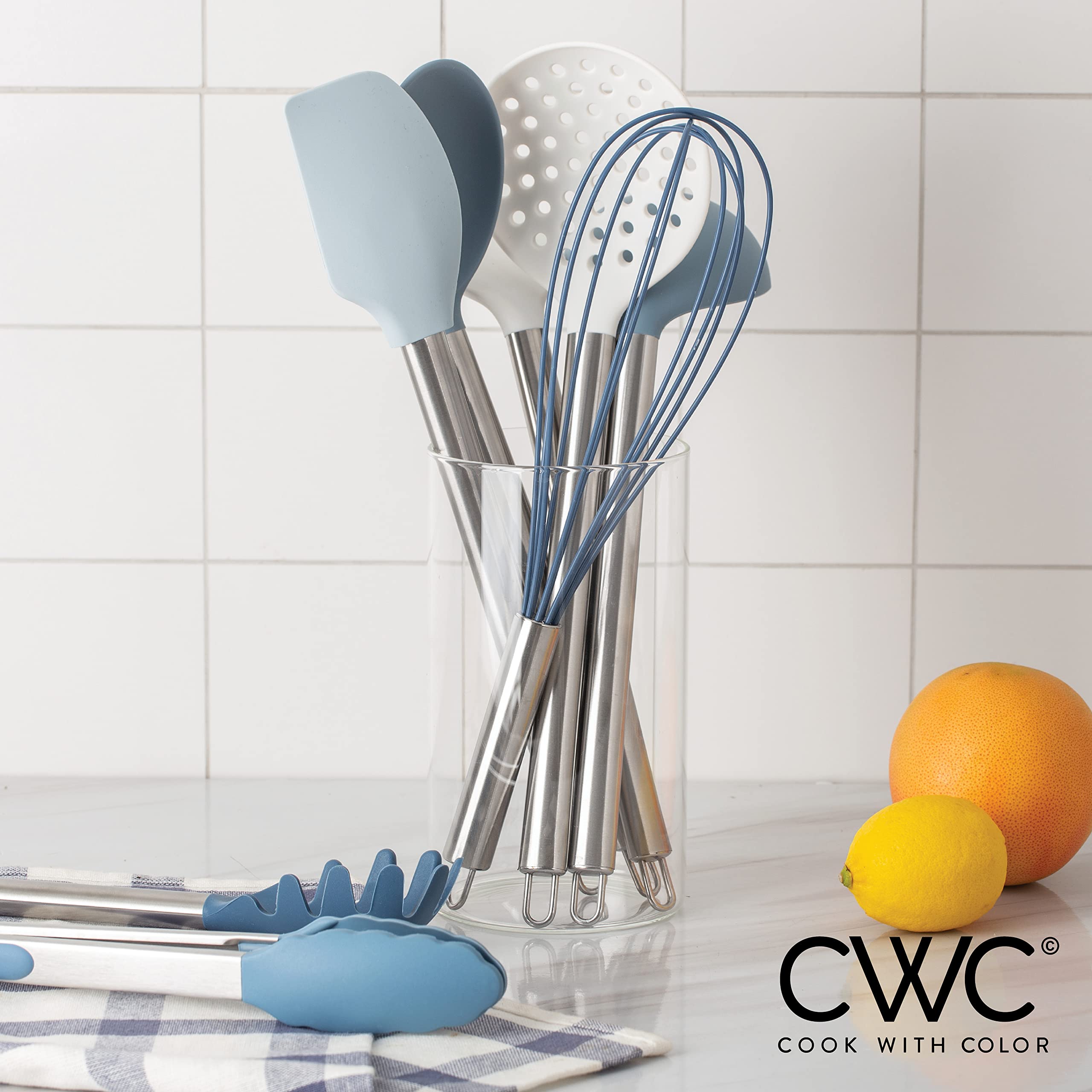 COOK WITH COLOR Silicone Cooking Utensils, Kitchen Utensil Set, Easy to Clean Silicone Kitchen Utensils, Cooking Utensils for Nonstick Cookware, Kitchen Gadgets Set, 10 Pieces, Blue and White