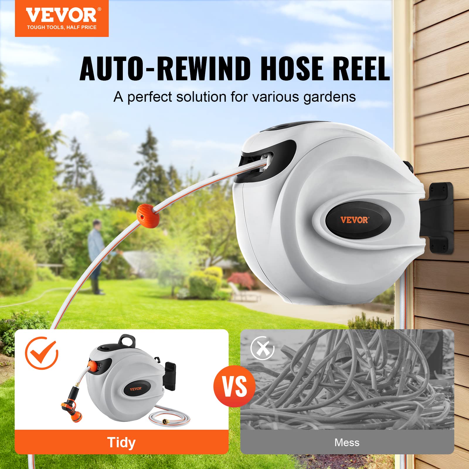 VEVOR Retractable Hose Reel, 65 ft x 5/8 inch, 180° Swivel Bracket Wall-Mounted, Garden Water Hose Reel with 9-Pattern Nozzle, Automatic Rewind, Lock at Any Length, and Slow Return System