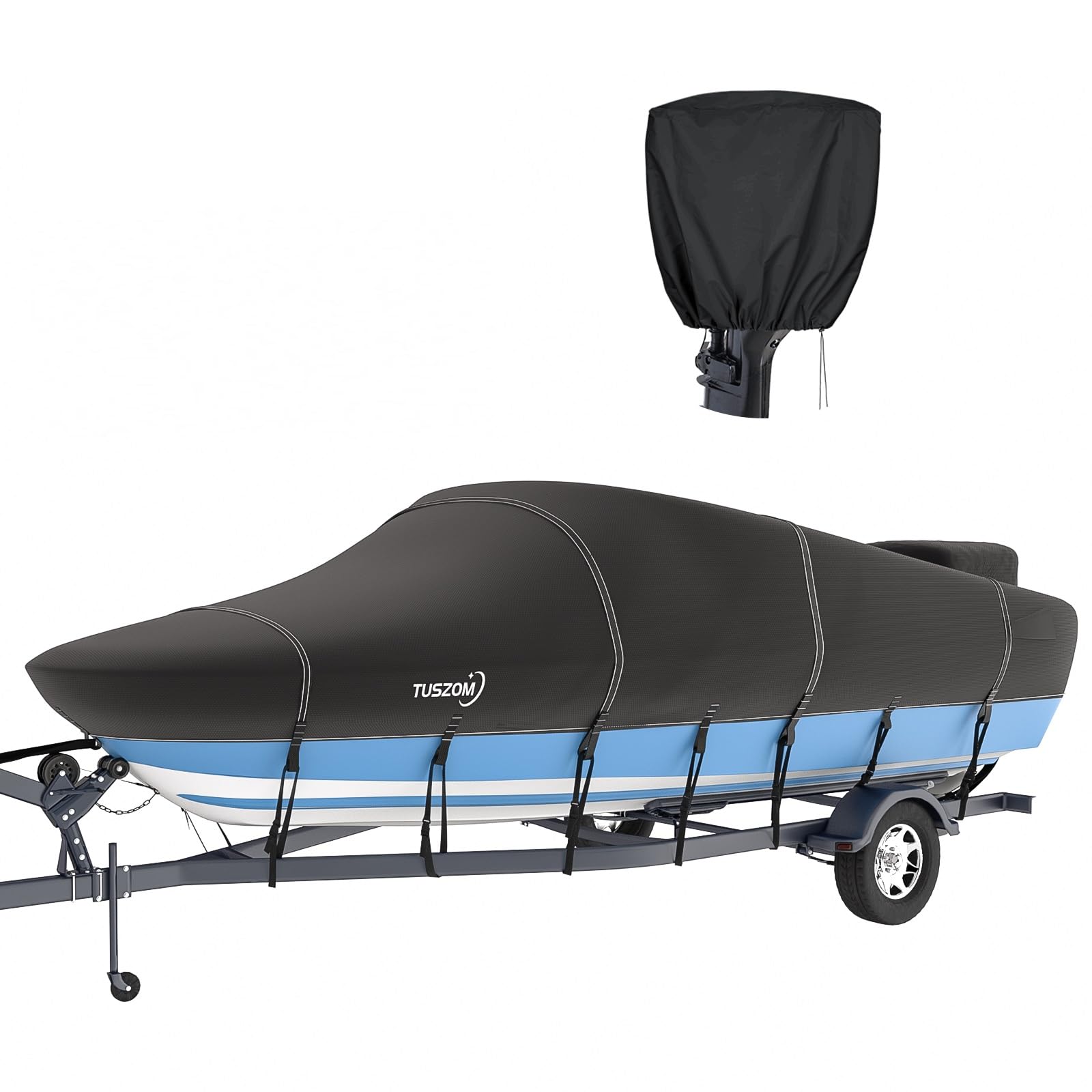 Tuszom 100% Waterproof 900D Solution-Dyed Boat Cover with 17 Windproof Straps Fits V-Hull, Bass Boat, Runabout, Fishing Boat, Ski Boat, 20' - 22' L, UP to 100" W