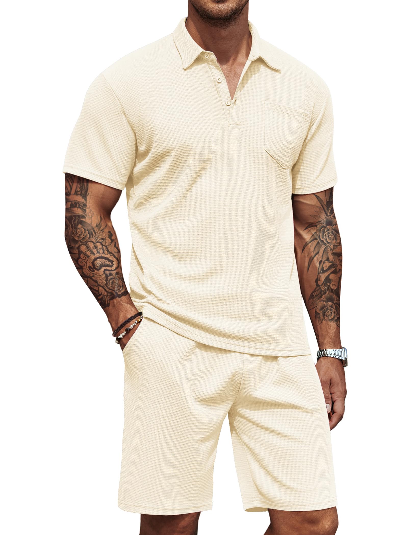 COOFANDY Men's Waffle Knit Polo Shirt and Shorts Set 2 Pieces Outfits Summer Suit Casual Tracksuit with Pockets