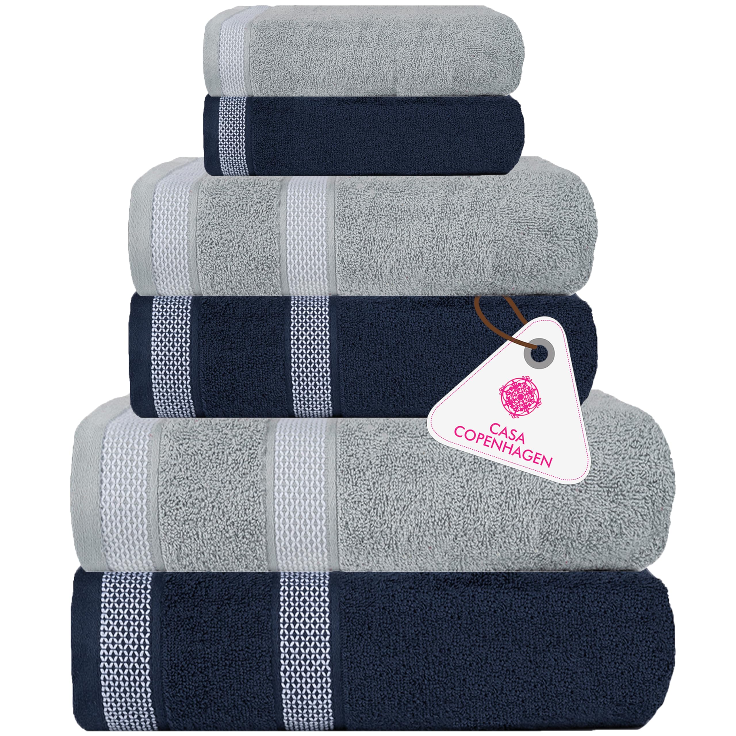 CASA COPENHAGEN Solitaire Mix 6 Pieces Towel Set- Navy Blue + Grey Violet, 600 GSM 2Bath Towel 2Hand Towel 2Washcloth, Designed in Denmark Made of Soft Egyptian Cotton for Bathroom, Kitchen & Shower