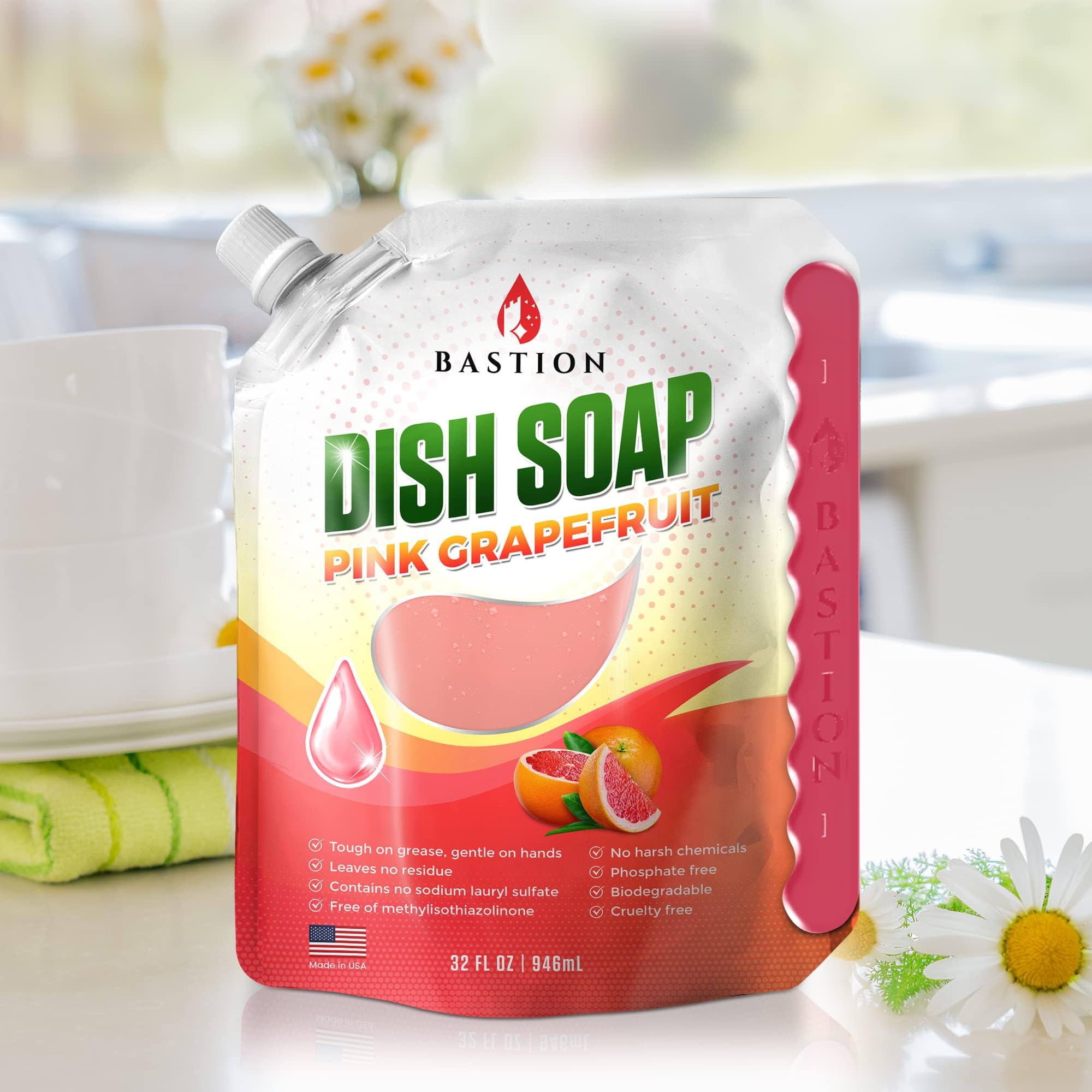 Bastion Dish Soap - Liquid Dishwashing Degreaser & Detergent - Pink Grapefruit Fragrance - 32oz Refill Pouch- All Natural - Cruelty-Free
