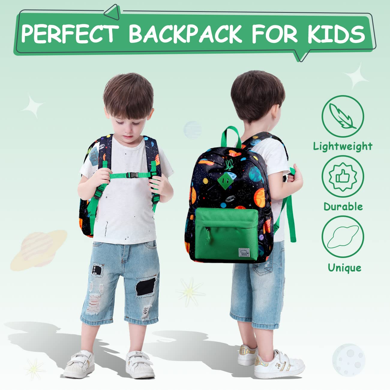 VASCHY Backpack for Boys, Kids Water Resistant Lightweight Backpack for Toddlers Daycare Preschool Space Green