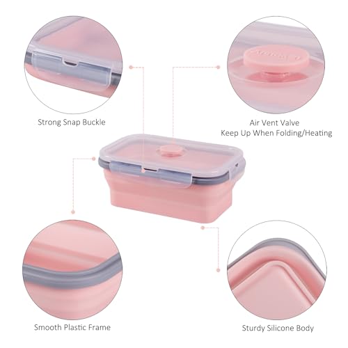 Collapsible Food Storage Containers with Airtight Lid, 16.9 oz, Compact Kitchen Stacking Silicone Collapsible Meal Prep Container Set for Leftover, Microwave Freezer Dishwasher Safe, Pink, Set of 4