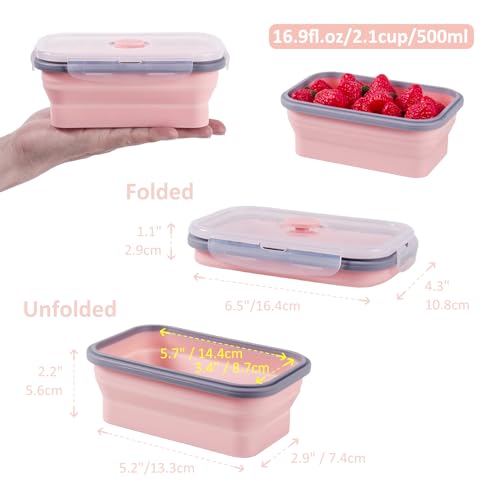 Collapsible Food Storage Containers with Airtight Lid, 16.9 oz, Compact Kitchen Stacking Silicone Collapsible Meal Prep Container Set for Leftover, Microwave Freezer Dishwasher Safe, Pink, Set of 4