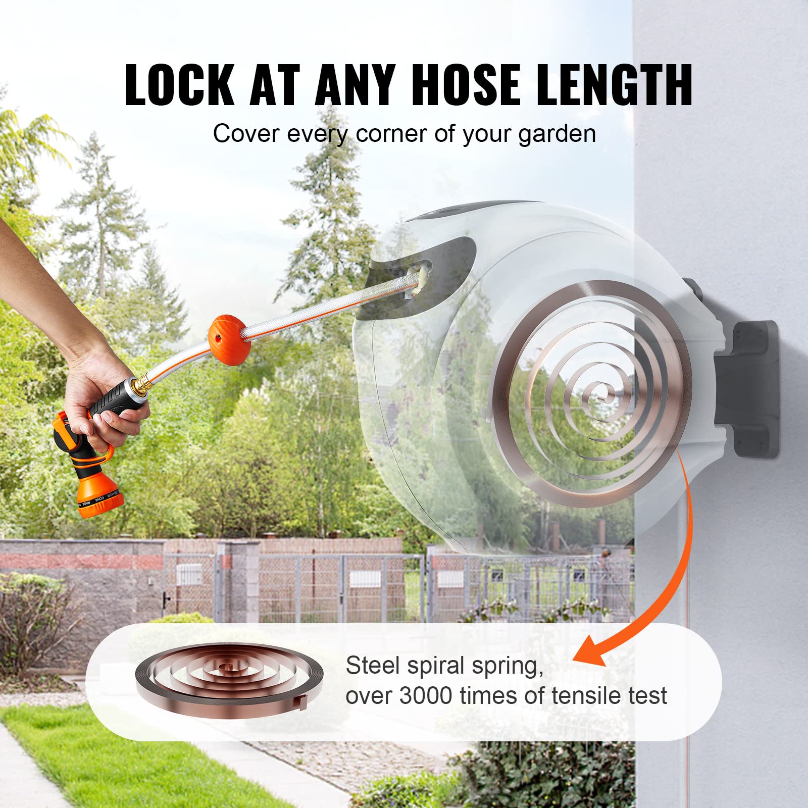 VEVOR Retractable Hose Reel, 65 ft x 5/8 inch, 180° Swivel Bracket Wall-Mounted, Garden Water Hose Reel with 9-Pattern Nozzle, Automatic Rewind, Lock at Any Length, and Slow Return System