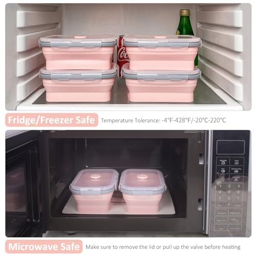 Collapsible Food Storage Containers with Airtight Lid, 16.9 oz, Compact Kitchen Stacking Silicone Collapsible Meal Prep Container Set for Leftover, Microwave Freezer Dishwasher Safe, Pink, Set of 4