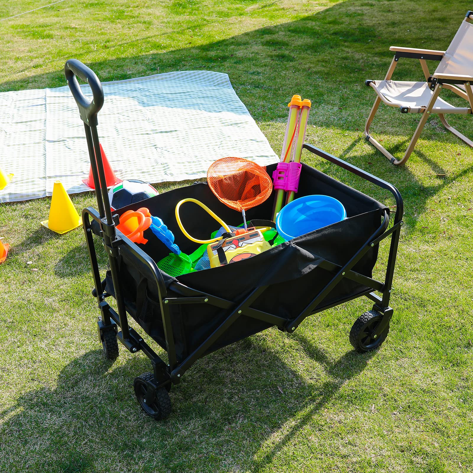 Wagon Cart Foldable Beach Wagon Large Capacity with Wheels Collapsible Wagon Heavy Duty Folding Wagon Portable for Camping Travel Sports Fishing (Black M)